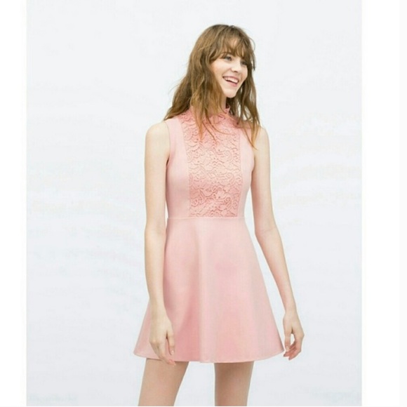 Zara | Dresses | Zara Pink Sleeveless High Neck Ruffle Lace Dress ...